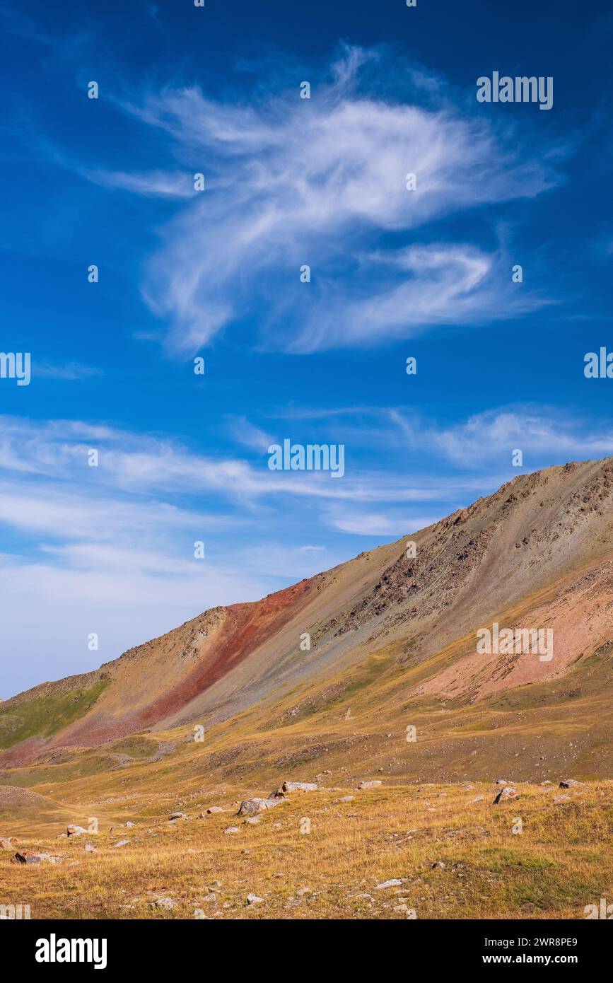 Mountain slope of a peak with colorful screes in the highlands with ...