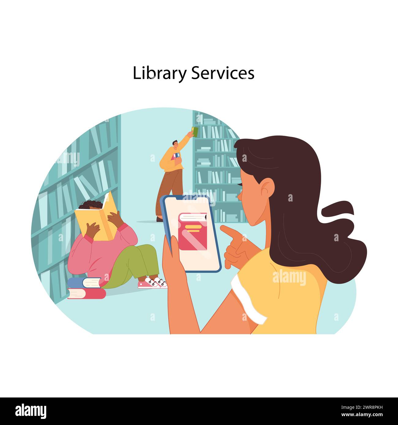 Library interaction concept. People of various ages and races using ...
