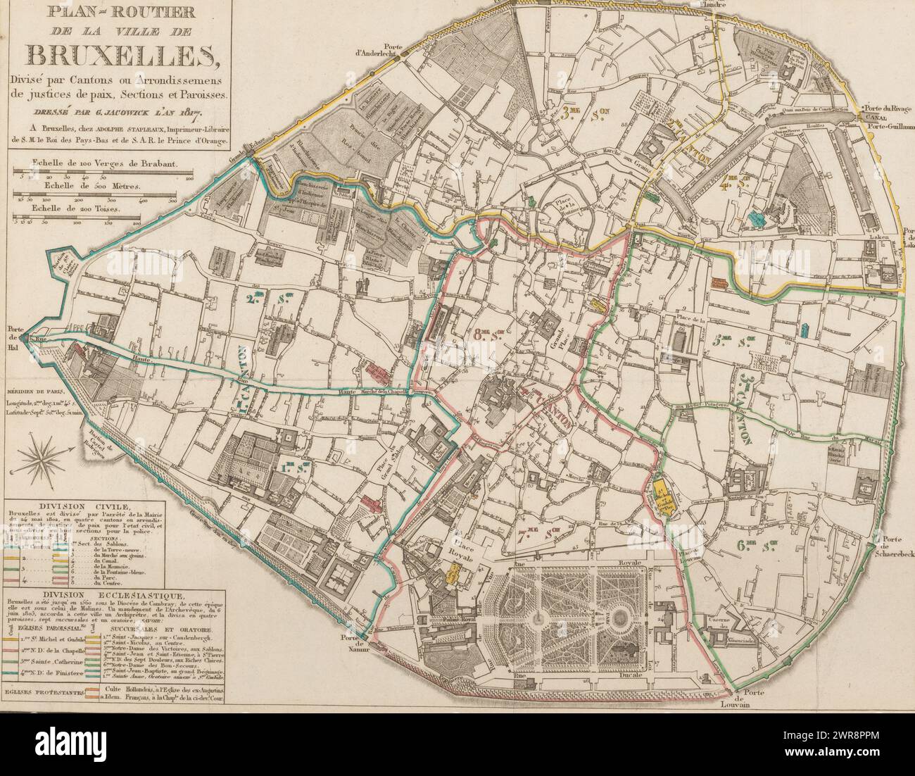 Map of Brussels, Plan-Routier de la ville de Bruxelles, divided by ...