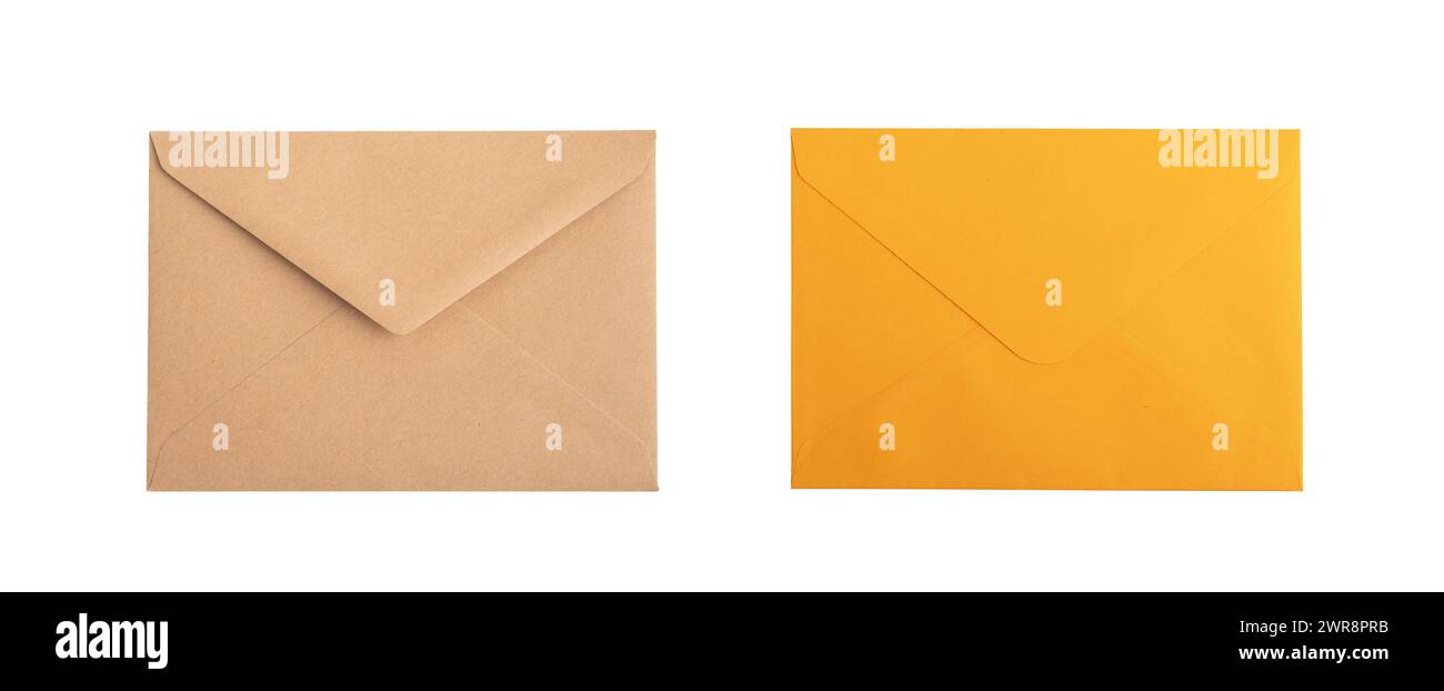 Closed new kraft paper and orange bright envelopes isolated on white background Stock Photo - Alamy