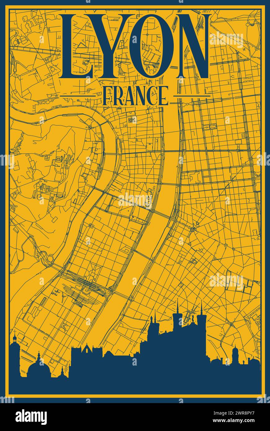 Hand-drawn city road network and skyline poster of the downtown LYON ...