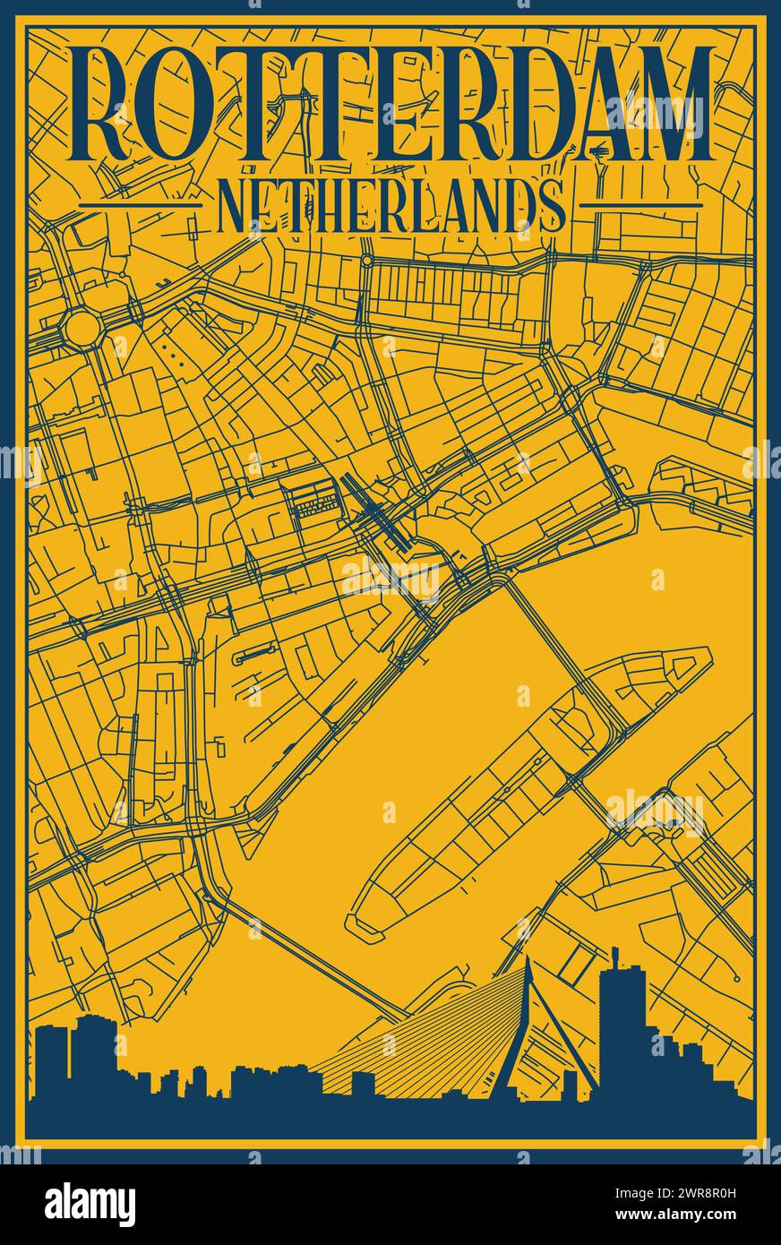 Hand-drawn city road network and skyline poster of the downtown ...