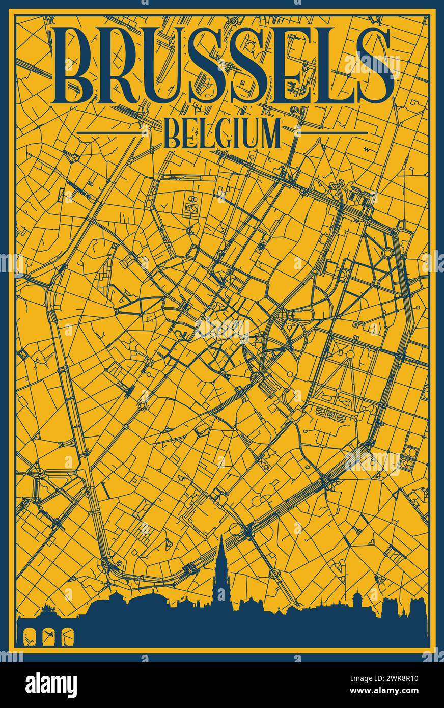 Hand-drawn city road network and skyline poster of the downtown ...