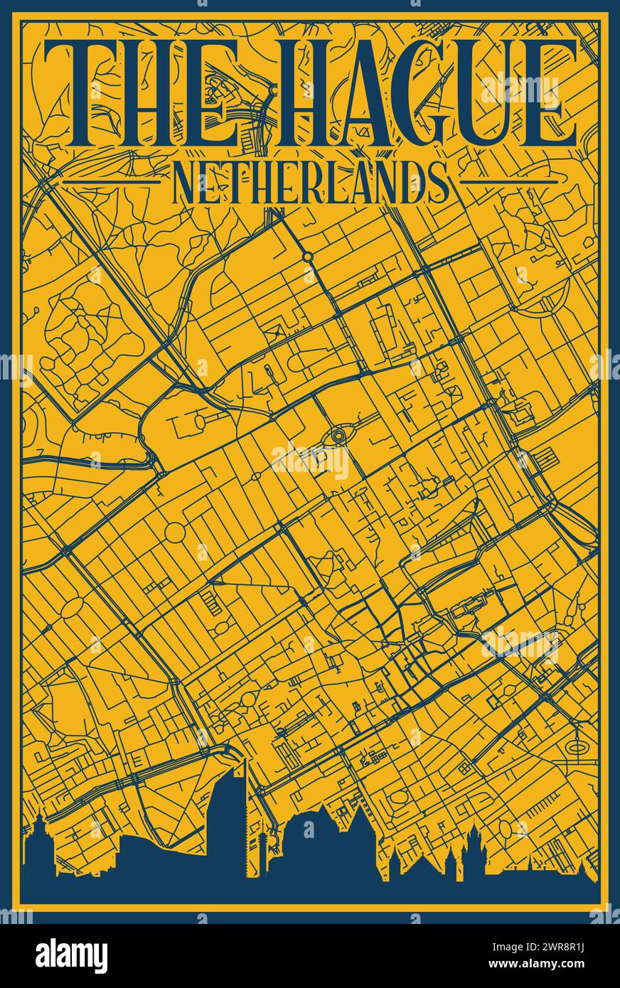 Hand-drawn city road network and skyline poster of the downtown THE ...