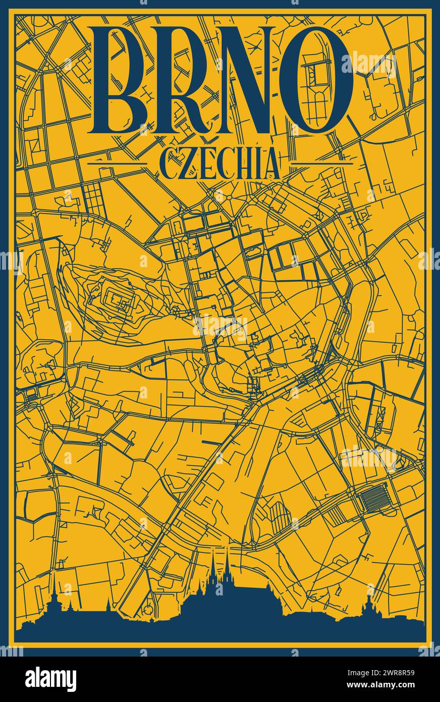 Hand-drawn city road network and skyline poster of the downtown BRNO ...