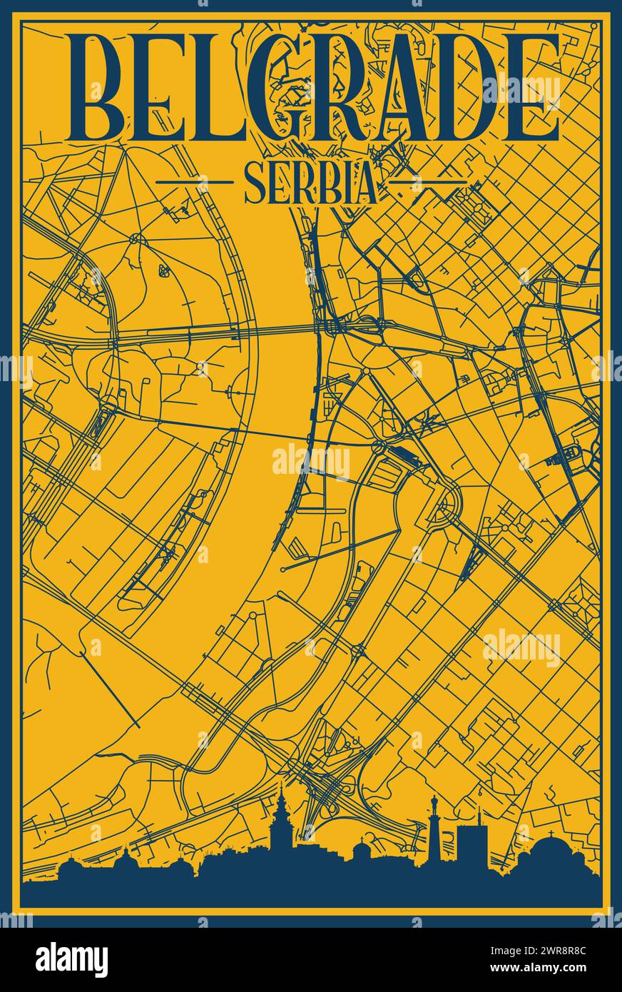 Hand-drawn city road network and skyline poster of the downtown ...