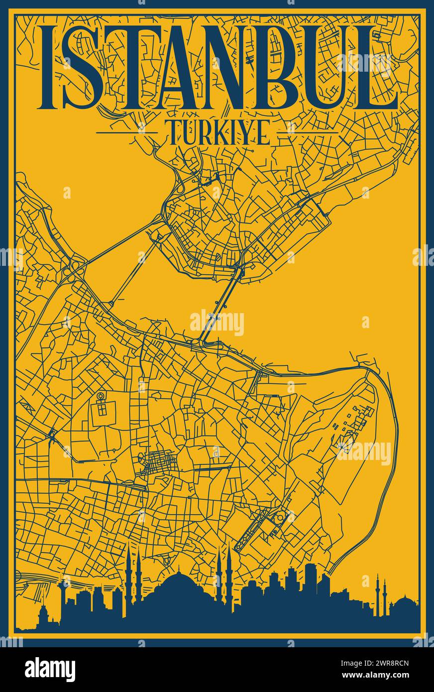 Hand-drawn city road network and skyline poster of the downtown ...