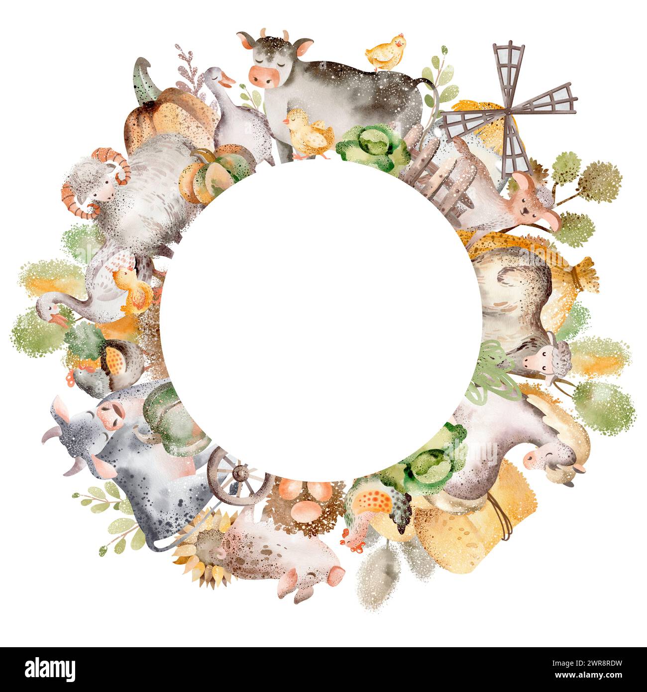 Farm animals card. Watercolor border with cute cow, horse and pig for ...