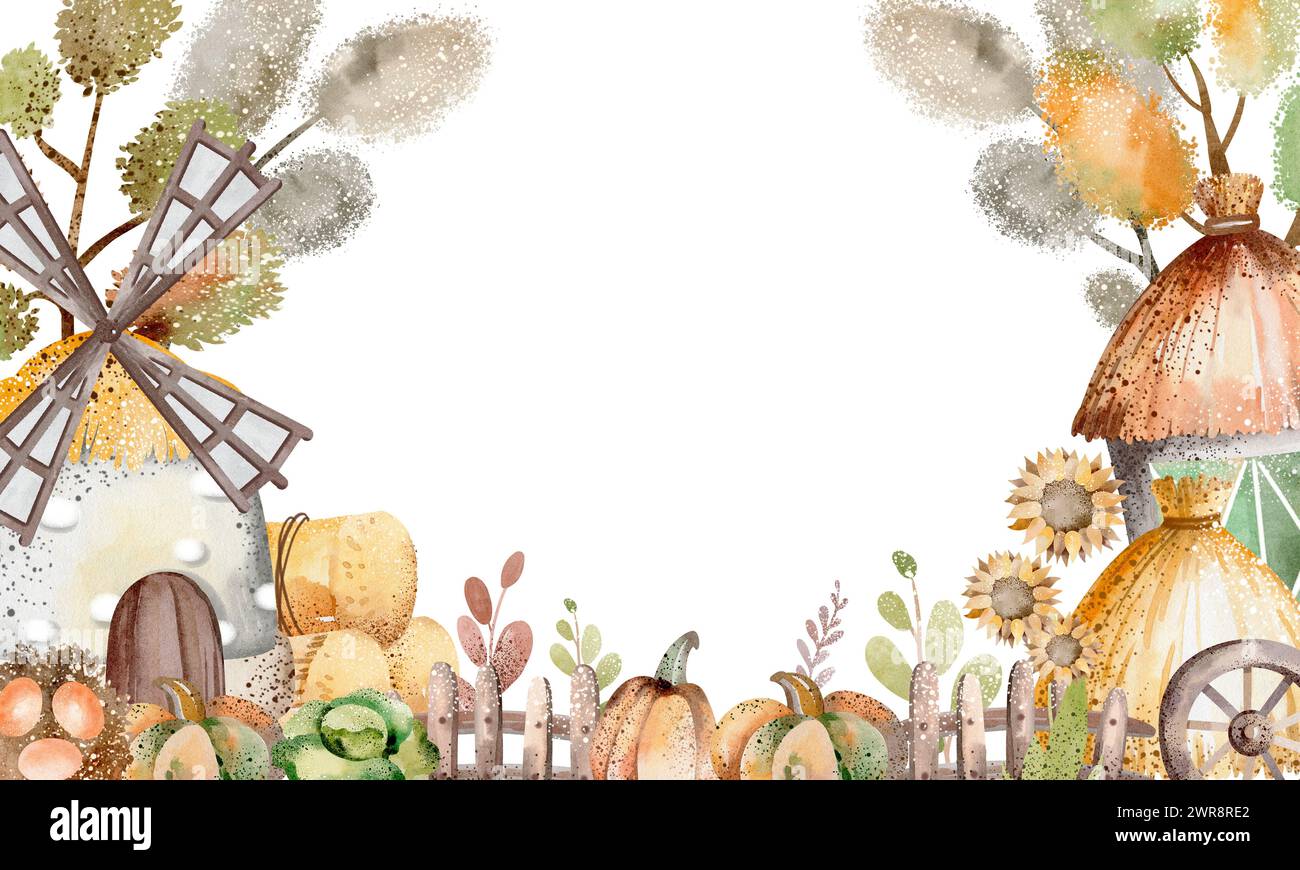 Template nature card. Watercolor frame forest with trees for birthday ...