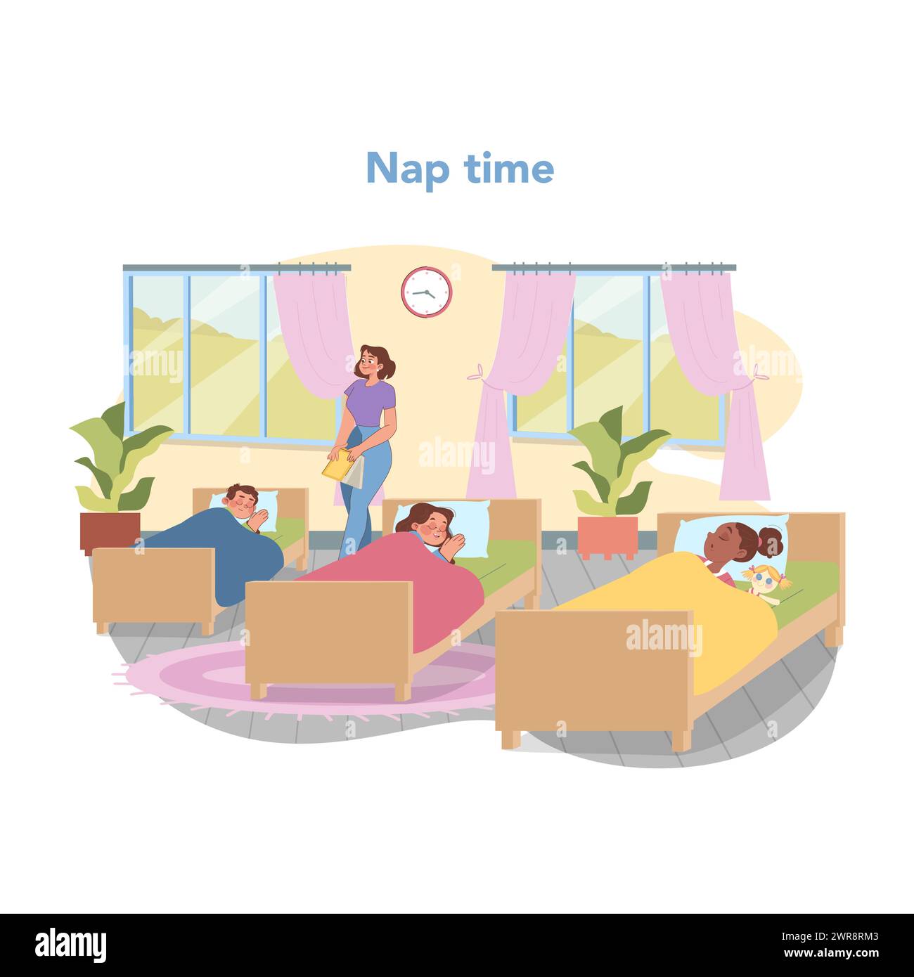 Nap time in kindergarten. Serene children resting under the watchful ...