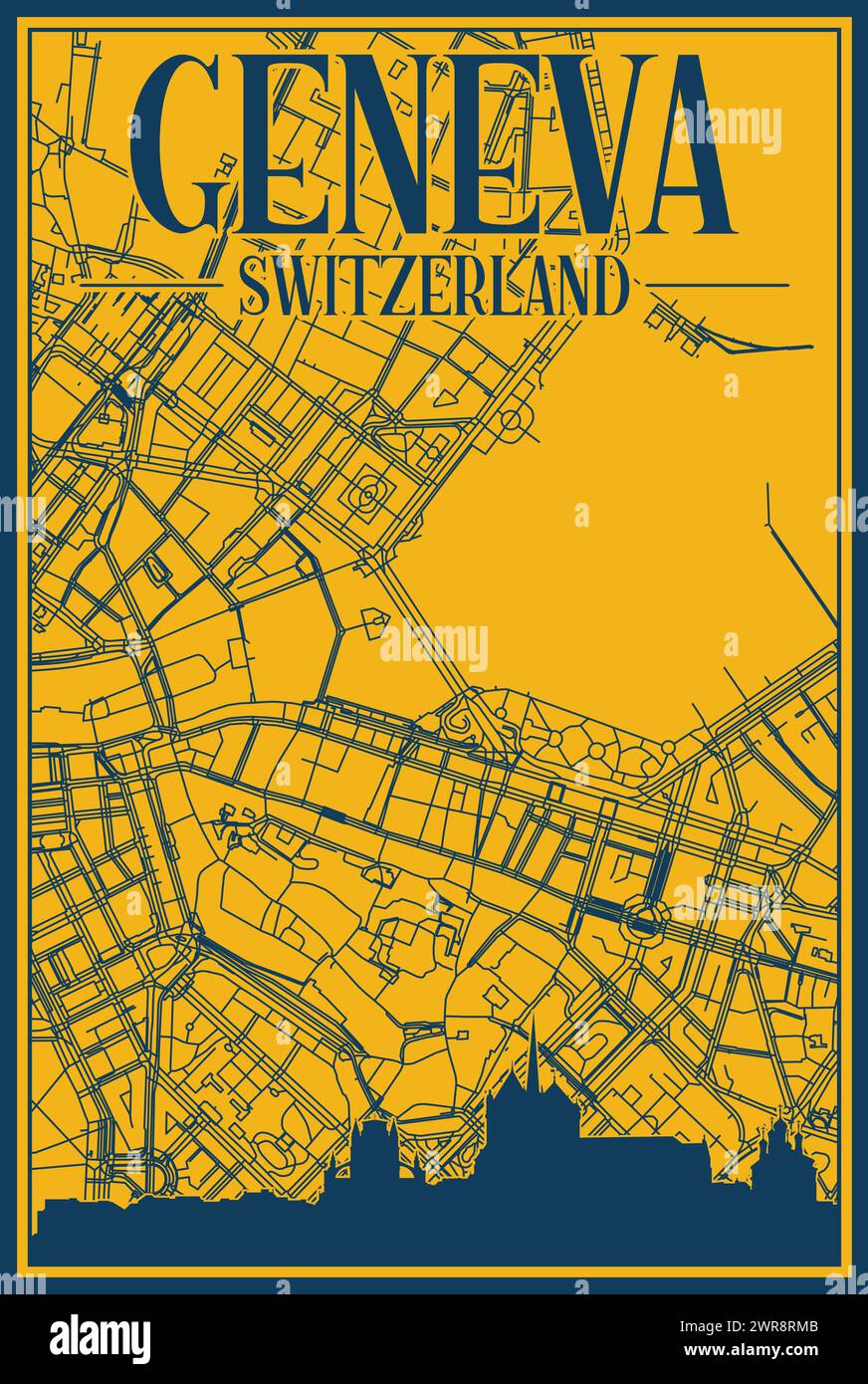 Hand-drawn city road network and skyline poster of the downtown GENEVA ...