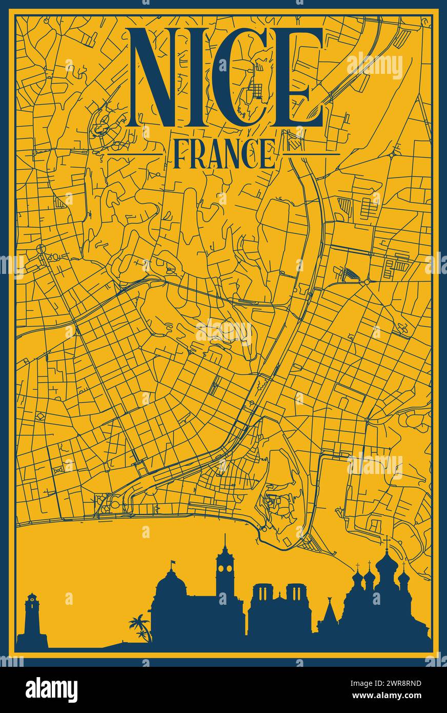 Hand-drawn city road network and skyline poster of the downtown NICE ...