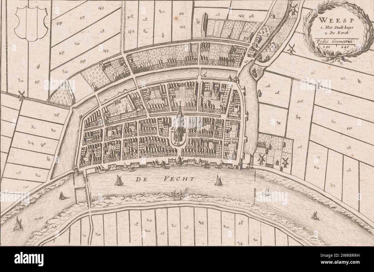Map of Weesp, Weesp (title on object), Bird's-eye view map. Top left ...