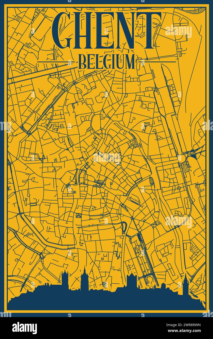 Hand-drawn city road network and skyline poster of the downtown GHENT ...