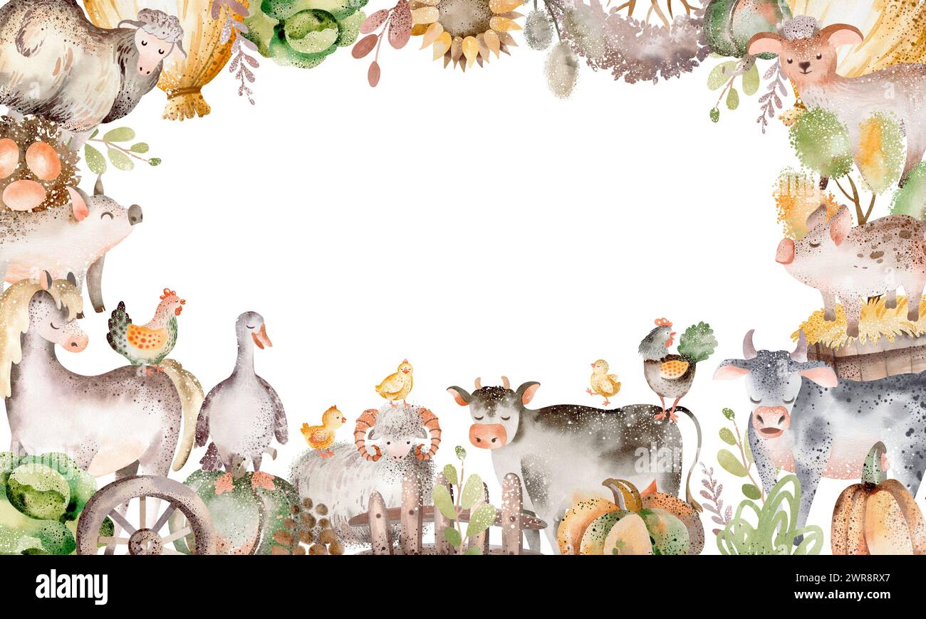 Farm animals card. Watercolor border with cute cow, horse and pig for ...
