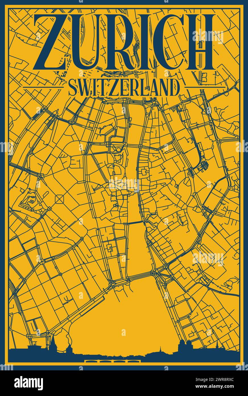 Hand-drawn city road network and skyline poster of the downtown ZURICH ...
