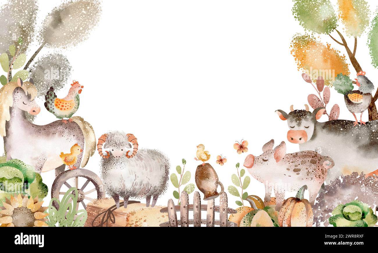 Farm animals card. Watercolor border with cute cow, horse and pig for ...