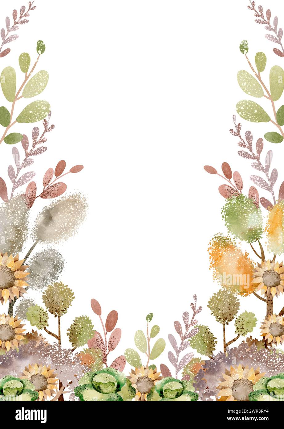 Template nature card. Watercolor frame forest with trees for birthday ...