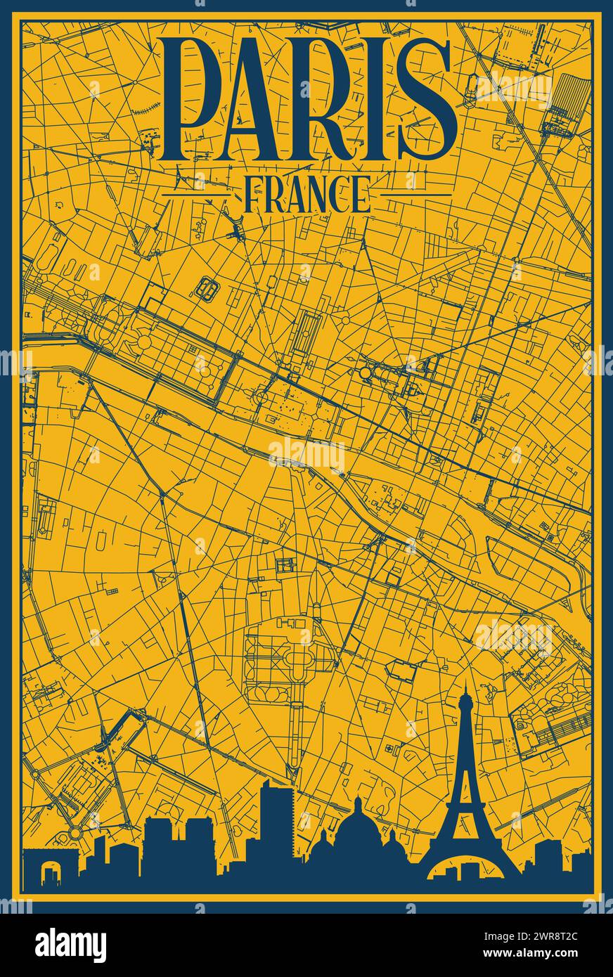 Hand-drawn city road network and skyline poster of the downtown PARIS ...