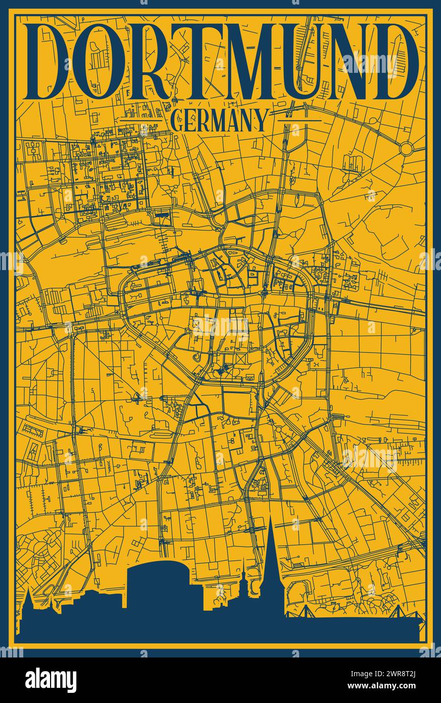 Hand-drawn city road network and skyline poster of the downtown ...