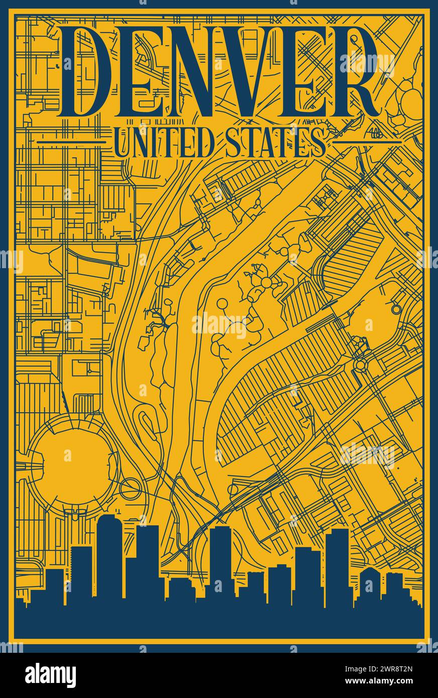 Hand-drawn city road network and skyline poster of the downtown DENVER ...