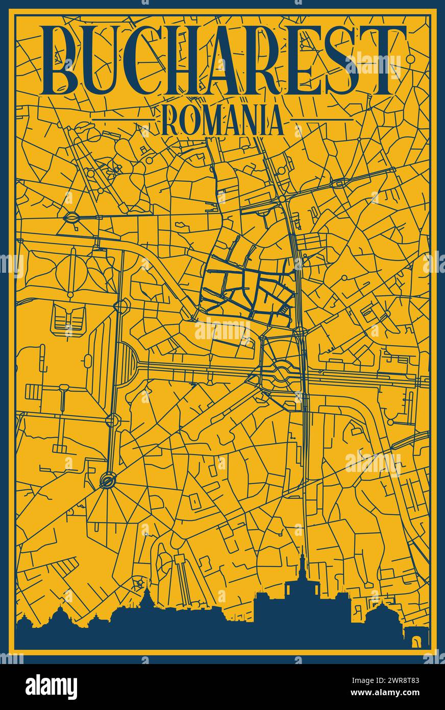 Hand-drawn city road network and skyline poster of the downtown BUCHAREST, ROMANIA Stock Vector ...