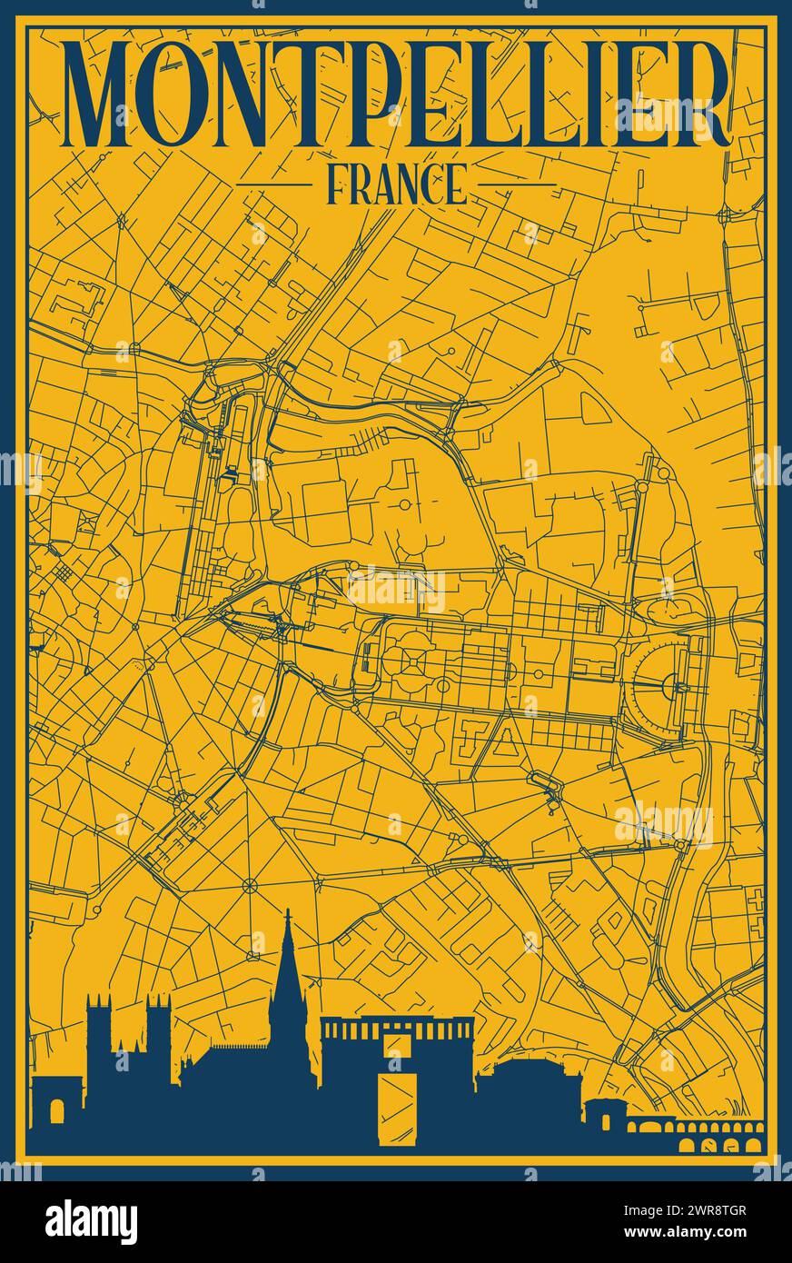 Hand-drawn city road network and skyline poster of the downtown ...
