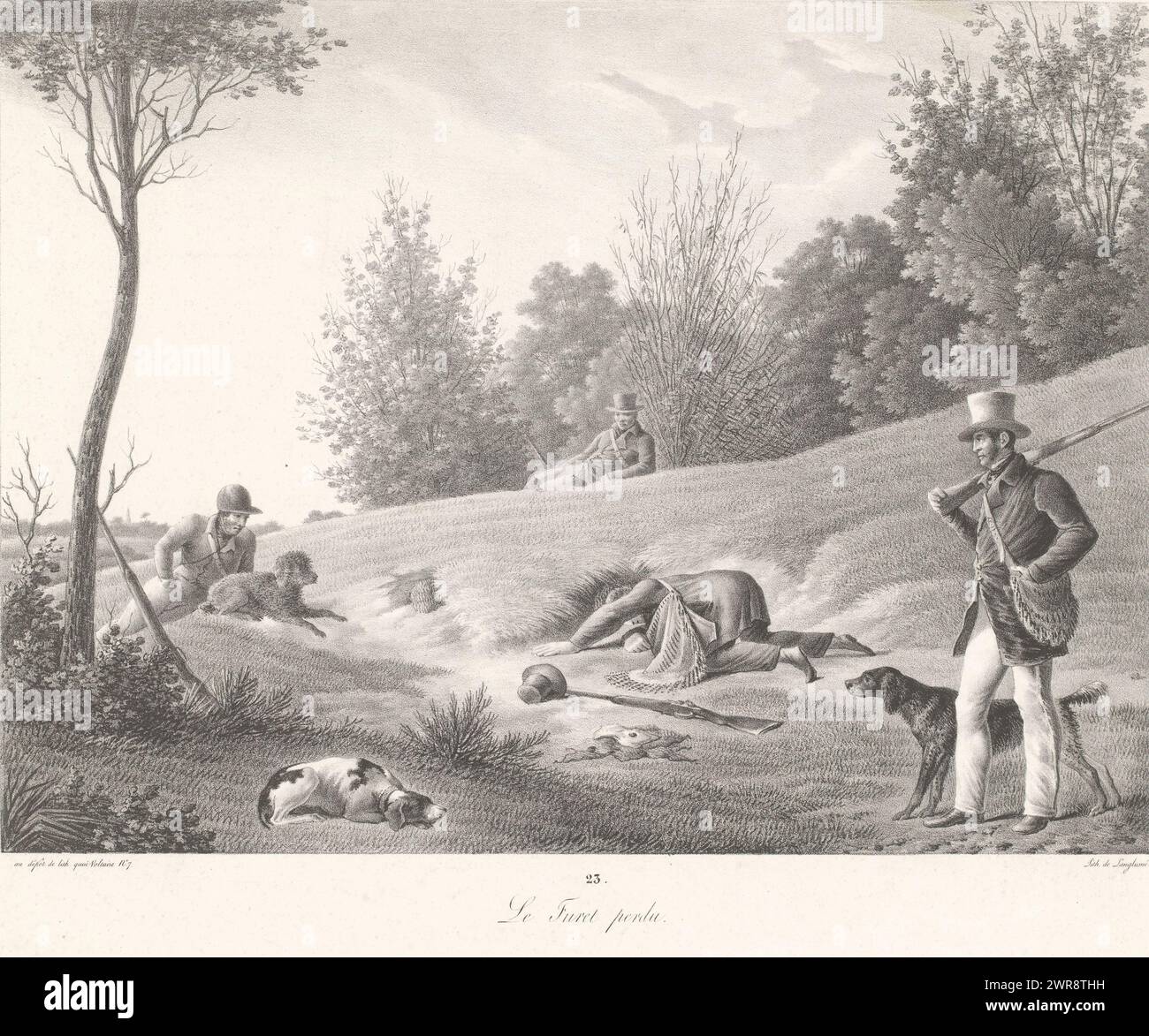 Hunting scene with a hunter kneeling on the ground, Le Furet perdu ...