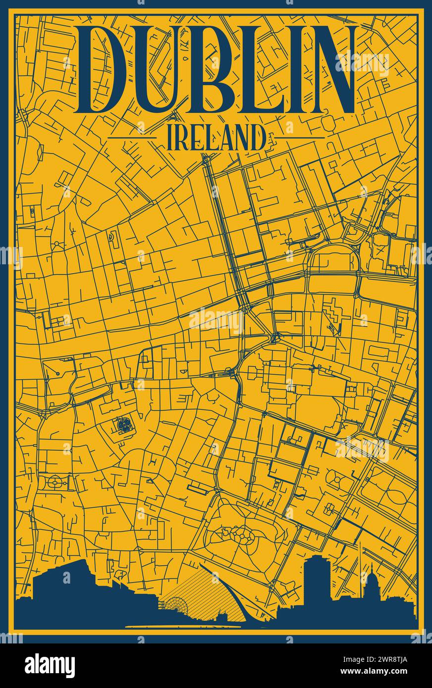 Hand-drawn city road network and skyline poster of the downtown DUBLIN ...