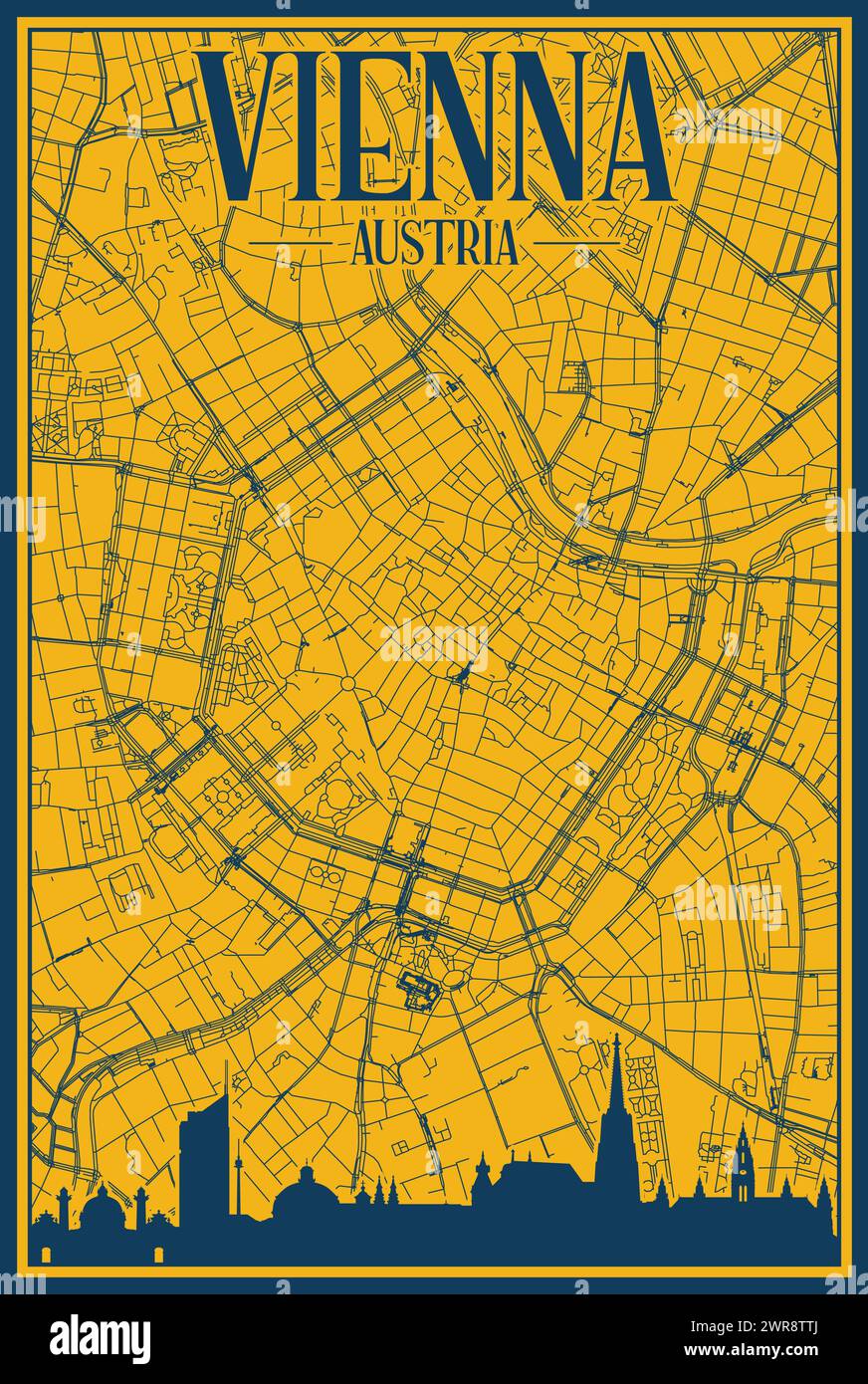 Hand-drawn city road network and skyline poster of the downtown VIENNA ...
