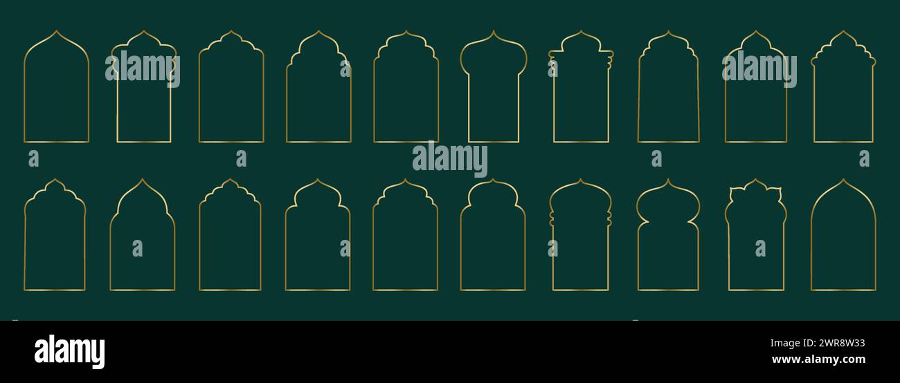 Gold thin arch frame shape Islamic door or window with geometric girikh ...