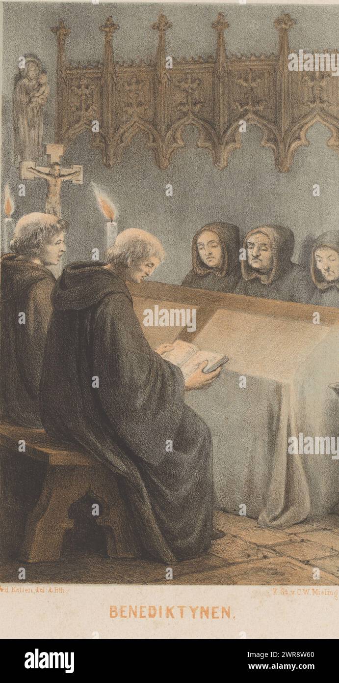 Five Benedictine monks reading and praying, Benediktynen (title on object), print maker: David ...