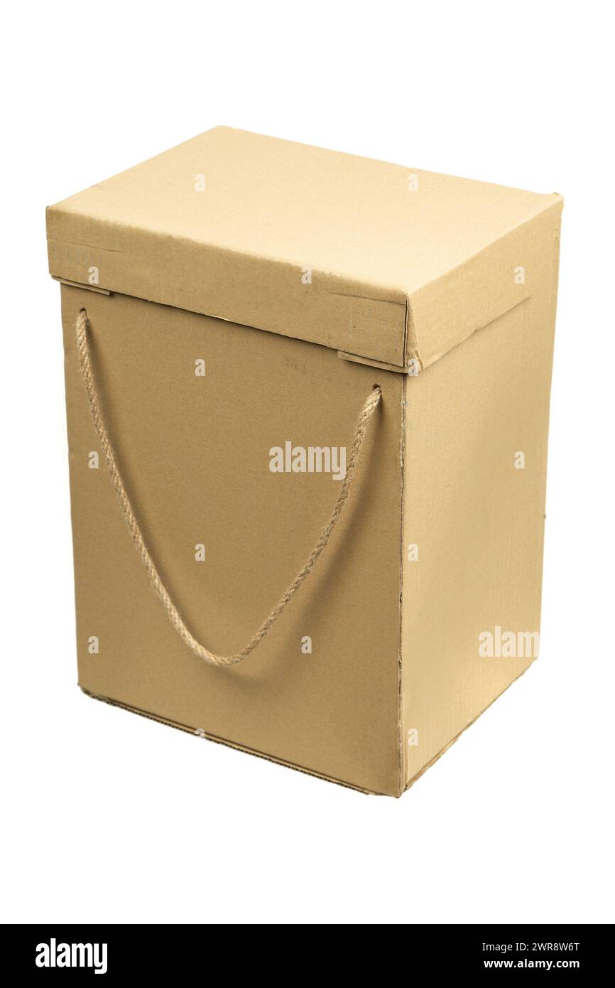 Rectangular cardboard box with rope lid and handles. Closed box isolate ...