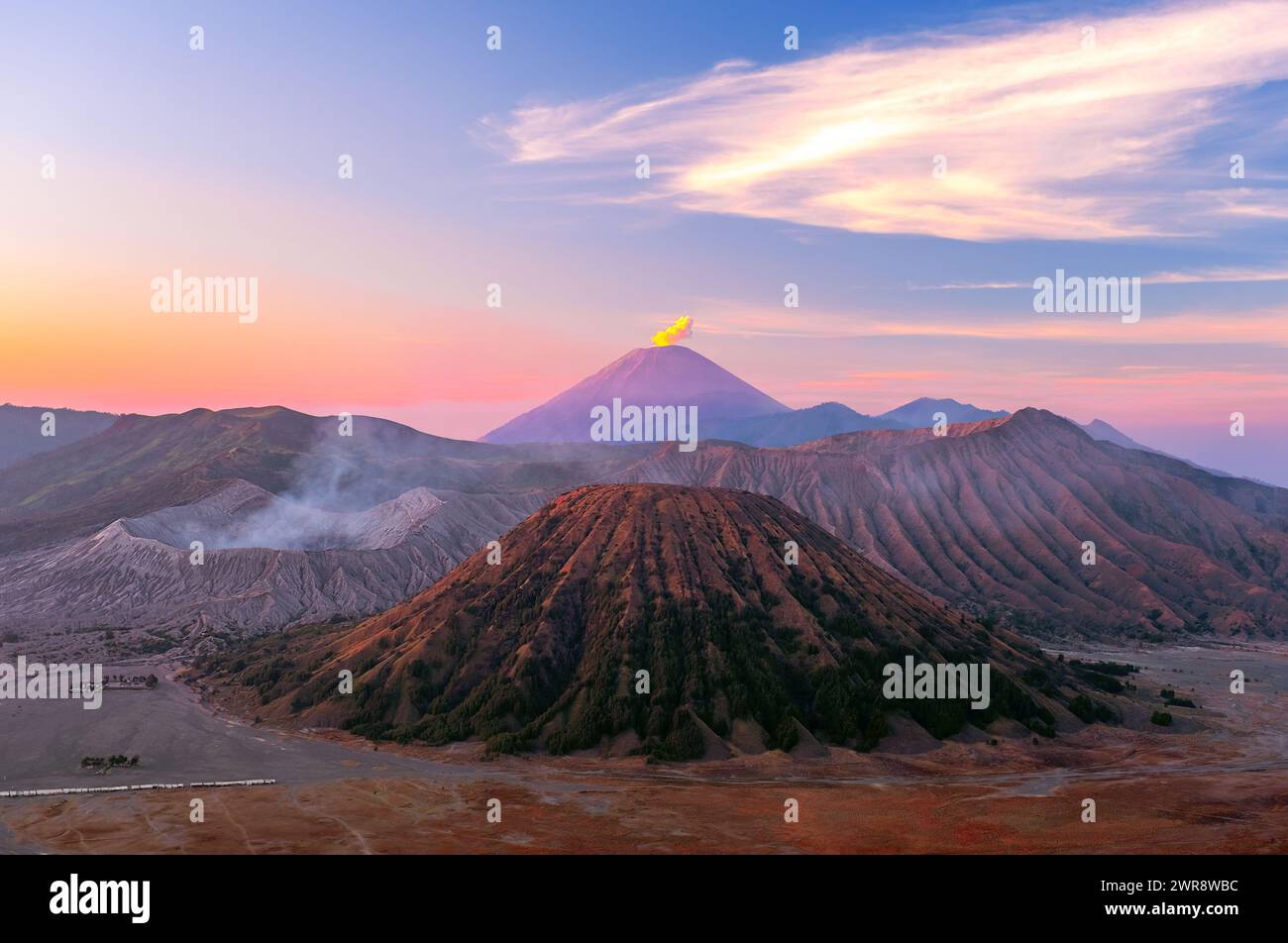 Magical view of Semeru and Bromo volcanoes erupting simultaneously at ...