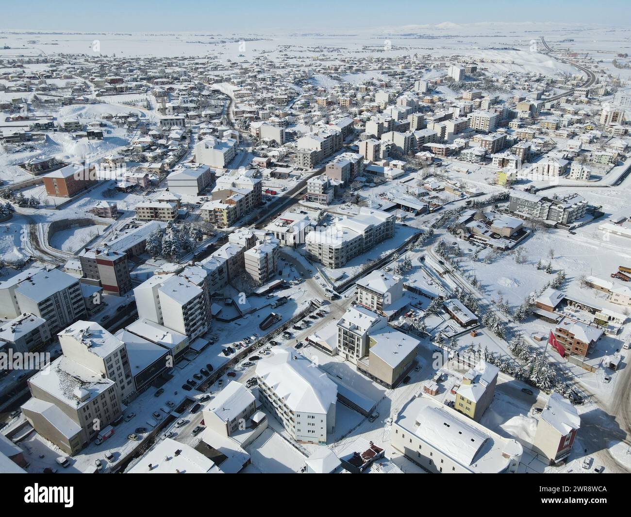 Aerial view snowy forest city hi-res stock photography and images - Alamy