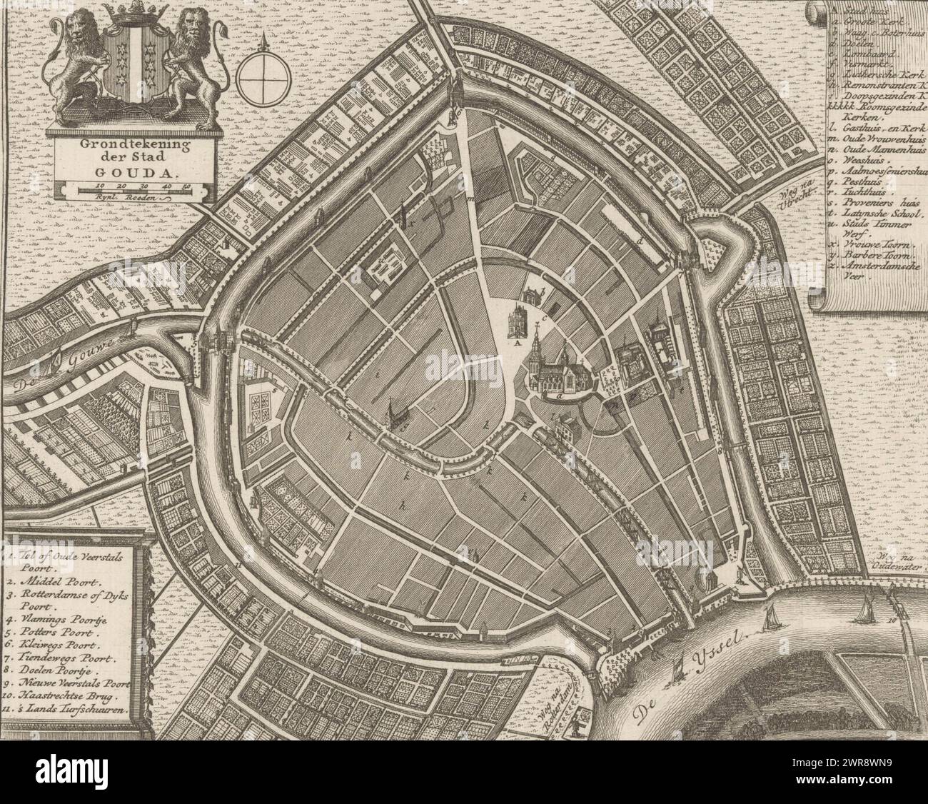 Map of Gouda, Ground plan of the city of Gouda (title on object), Top ...