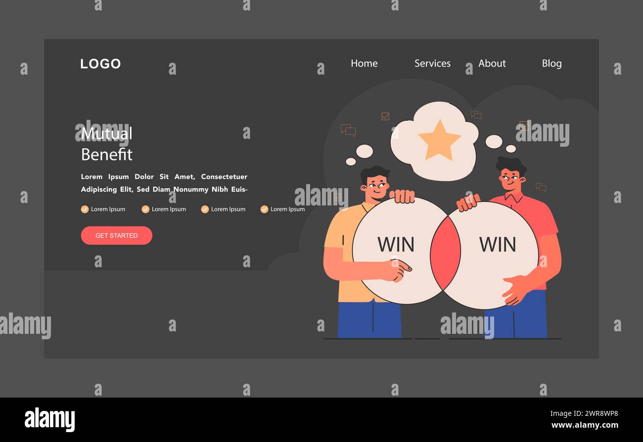 Mutual benefit dark or night mode web, landing. Two employee collaboration Partnership success ...