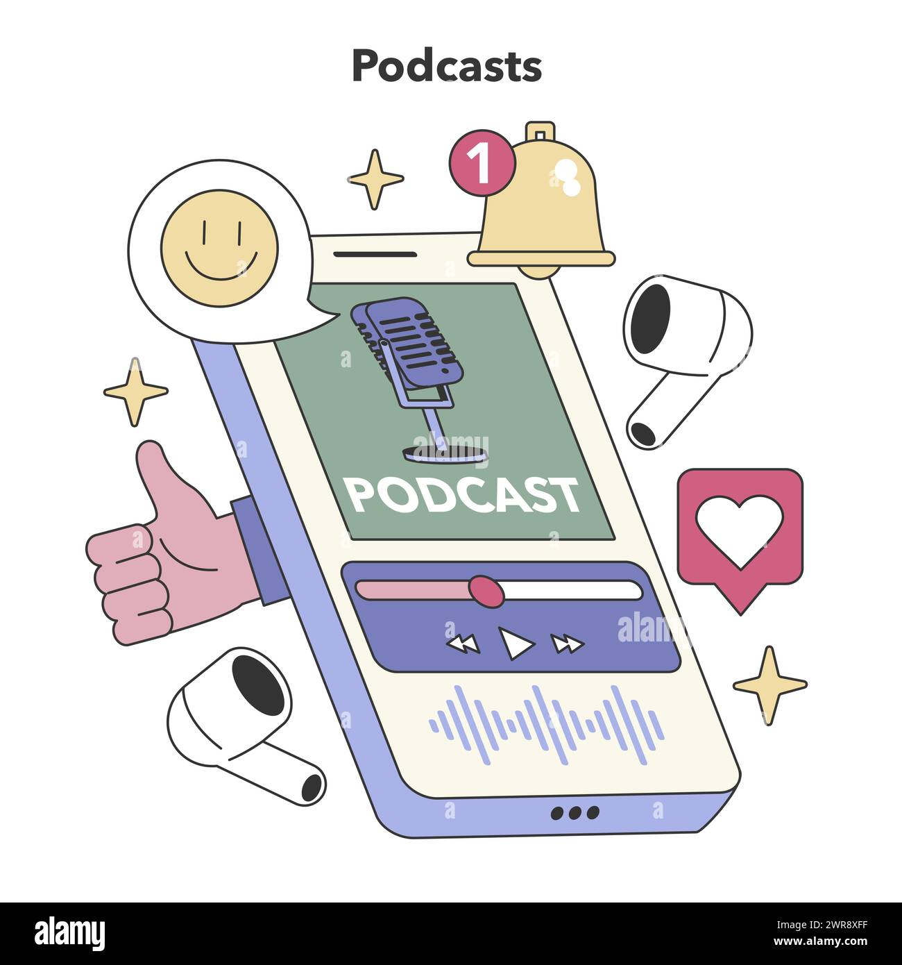 Podcasts concept. Smartphone streaming engaging audio content with ...