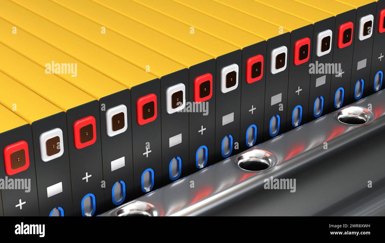 Closeup Prismatic High-capacity Battery pack for electric vehicles on ...