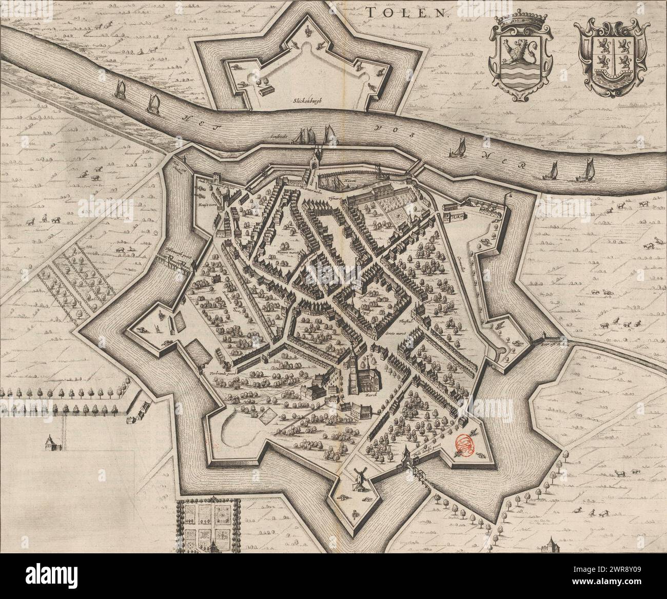 Map of Tholen, Tolen (title on object), Bird's-eye view map. Top right ...