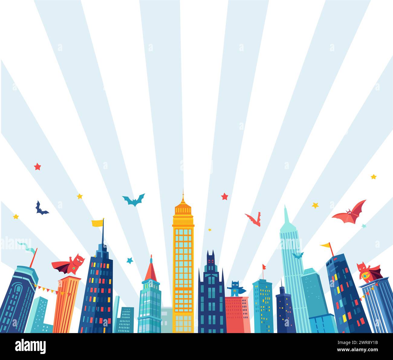 Colorful Super hero party comic-style background with city silhouette ...
