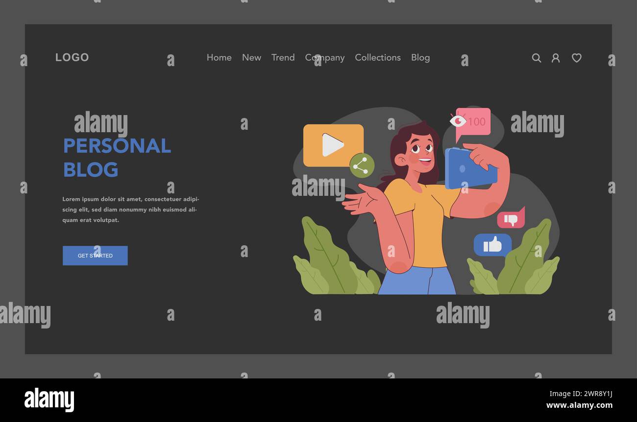 Personal blog web or landing. Enthusiastic young woman blogger ...