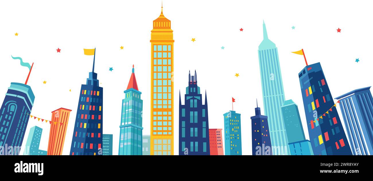 Comic-style horizontal background for Super hero kids party with city ...