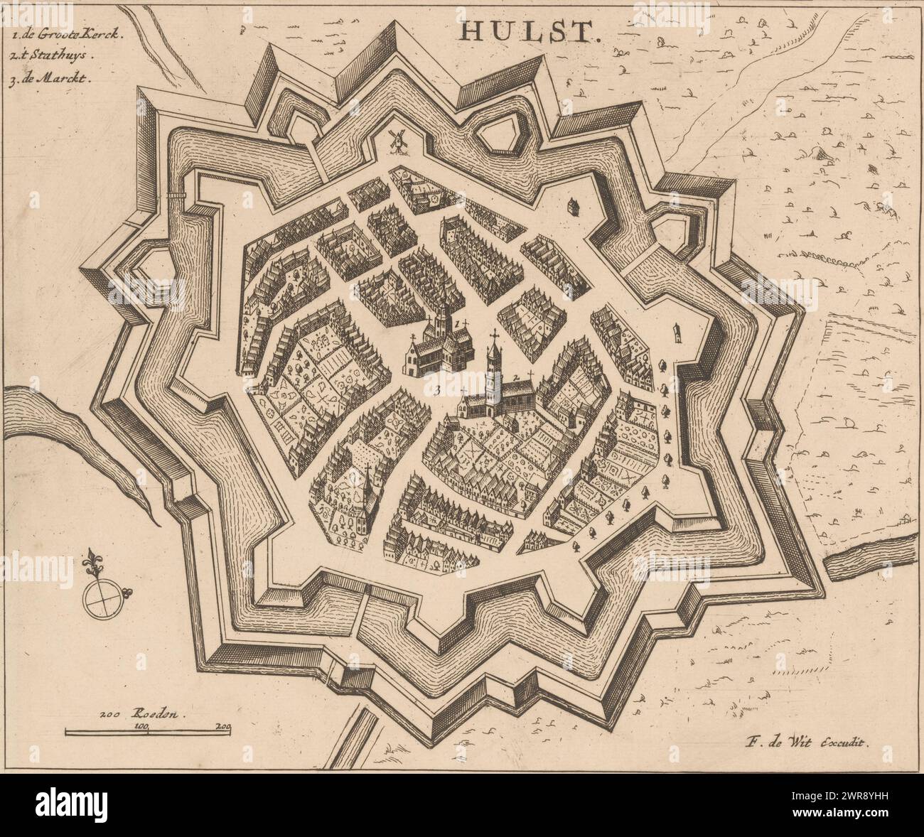 Map of Hulst, Hulst (title on object), Map of Hulst from a bird's eye ...