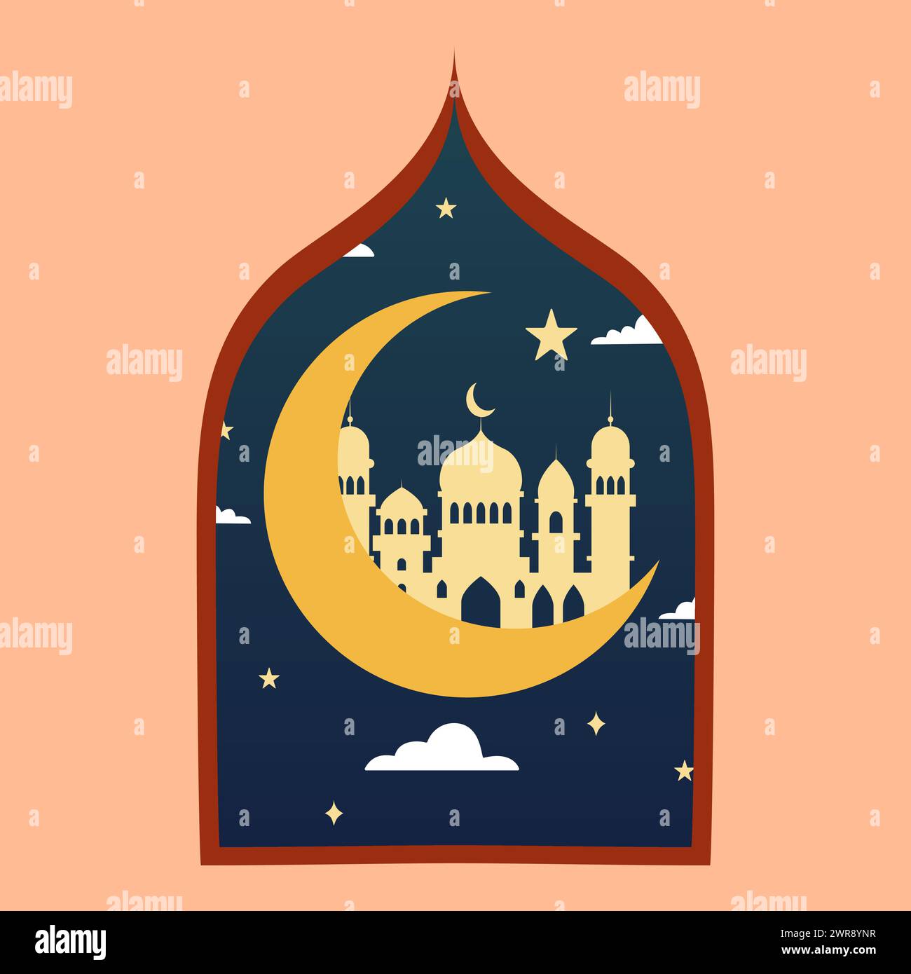 Islamic window arch with moon, mosque dome and stars in oriental style ...