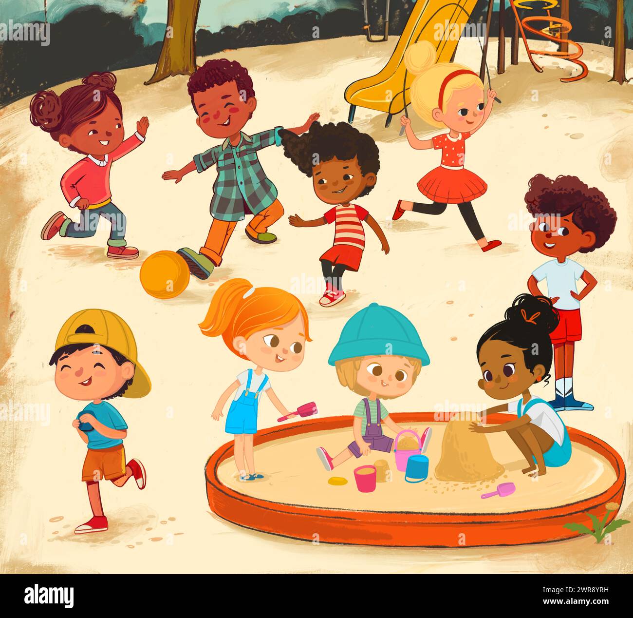 Children playing on park playground. Playground with kids. Group of ...