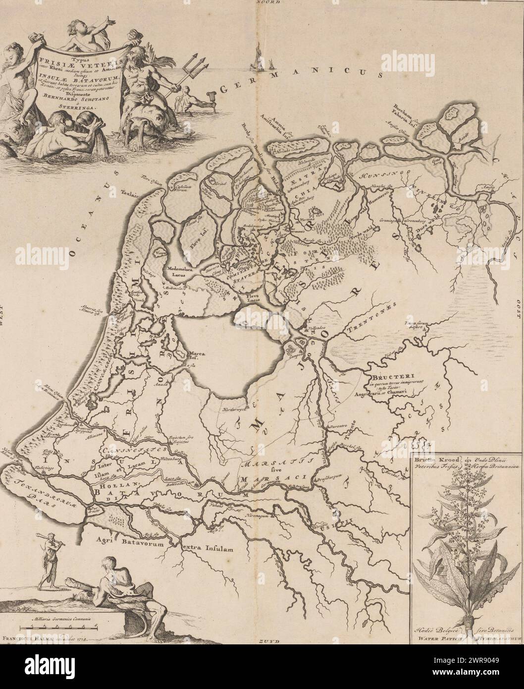 Historical map of the Netherlands with the areas of the Batavians and ...