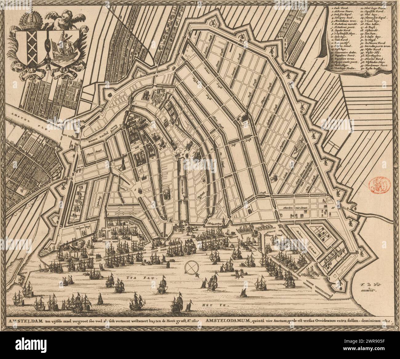 Map of Amsterdam, 1612, Amsteldam enlarged to the fifth magnification as much as it appears ...