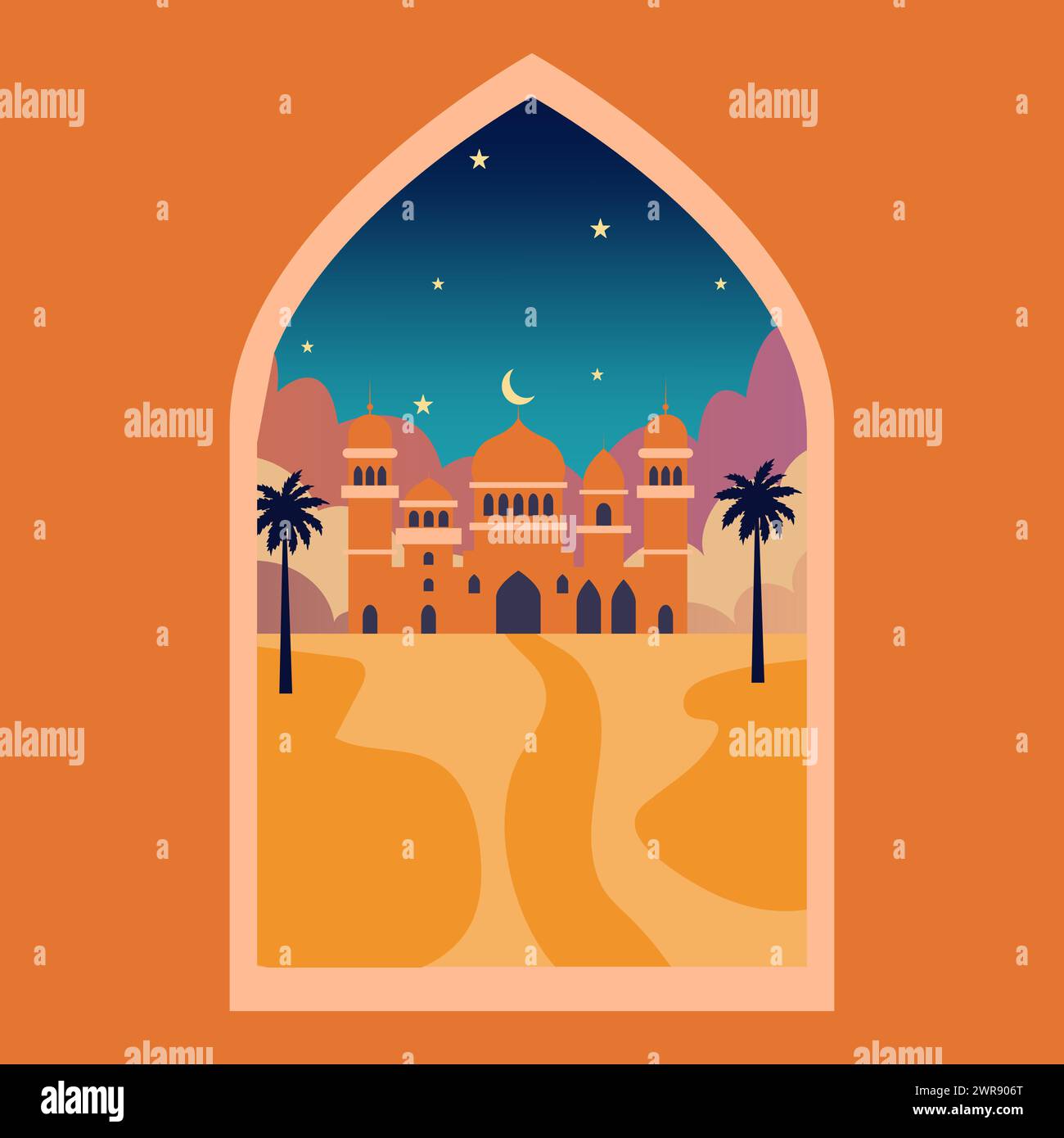 Islamic window with moon, mosque dome and stars. Desert landscape in ...