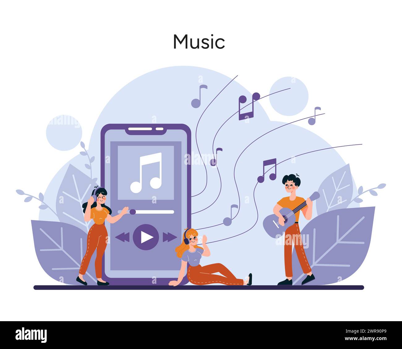 Music concept. A trio of musicians with a smartphone interface as a ...